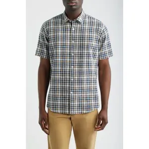 James Campbell Funchal Regular Fit Plaid Short Sleeve Cotton & Linen Sport Shirt - Blue