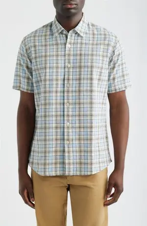 James Campbell Serra Regular Fit Plaid Short Sleeve Cotton & Linen Sport Shirt - Sky