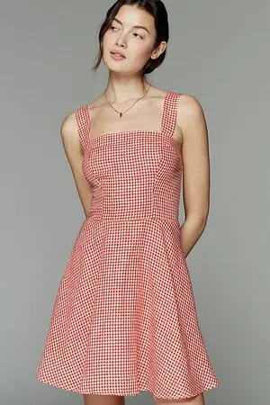 Maeve Maeve Linen Square-Neck Mini Dress Red Pattern