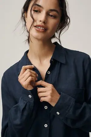 Maeve 100% European Flax Linen Classic Buttondown Shirt - Navy