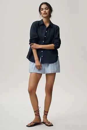 Maeve 100% European Flax Linen Classic Buttondown Shirt - Navy