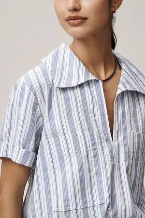 Maeve Short-sleeve Cropped Buttondown Top With Stripes - Blue Stripe