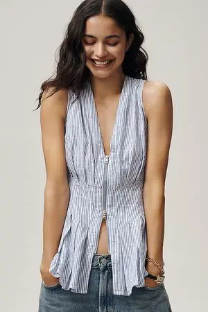 Maeve Sleeveless Zip-front Peplum Top - Blue Stripe