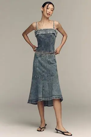 PILCRO Denim Paneled Top