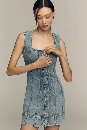 Good American Sleeveless Square-neck Denim Mini Dress - Indigo1104
