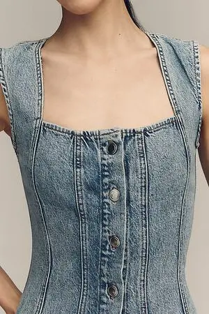 Good American Sleeveless Square-neck Denim Mini Dress