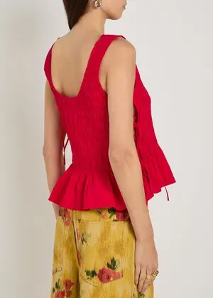 GANNI Smocked Cotton-poplin Top - Red