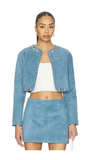 ZUT Darby Cropped Leather Jacket With Grommets And Studs - Blue