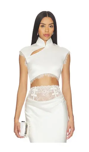 SAU LEE Lila Satin Top With Lace Trim - Ivory