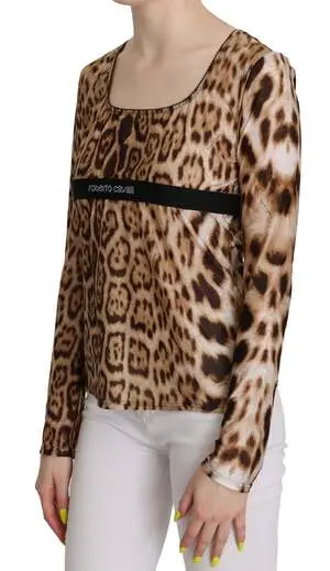 Roberto Cavalli Leopard Print Long Sleeve Round Neck Blouse