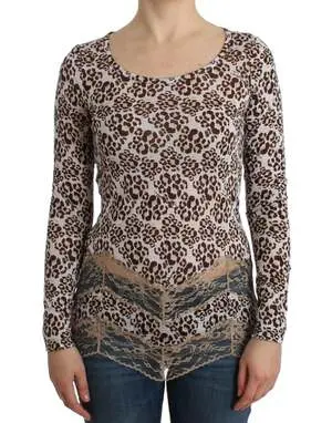 Roberto Cavalli Just Long Sleeve Lace Trimmed Animal Print Top - Brown