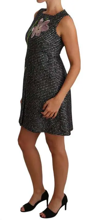 Dolce & Gabbana Houndstooth Floral Appliqué Shift Mini Dress