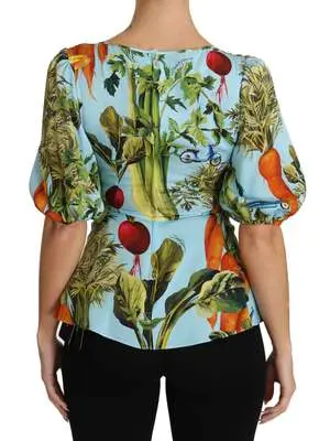 Dolce & Gabbana Vegetable Print Silk Peplum Wrap Blouse
