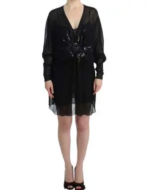 Roberto Cavalli Long Sleeve Silk Blouson Dress - Black