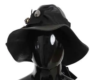 Dolce & Gabbana Leather Wide Brim Hat With Dg Coin And Crystal Details - Black