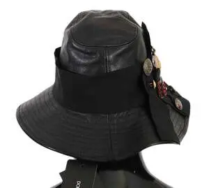 Dolce & Gabbana Leather Wide Brim Hat With Dg Coin And Crystal Details