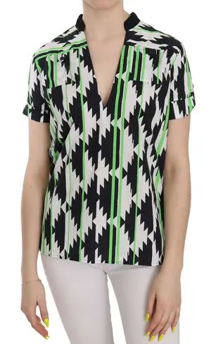 Costume National Multi-color Geometric Print Plunge Neck Blouse