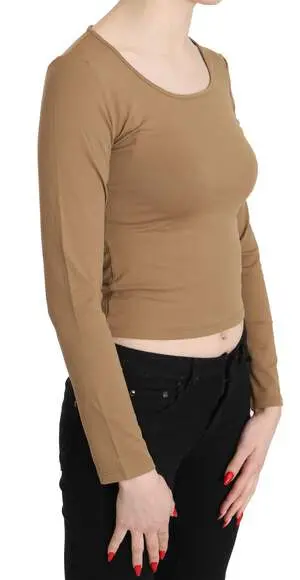 GF FERRE Round Neck Long Sleeve Slim Crop Top Blouse