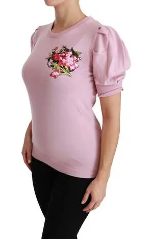 Dolce & Gabbana Floral Embroidered Virgin Wool Top - Pink
