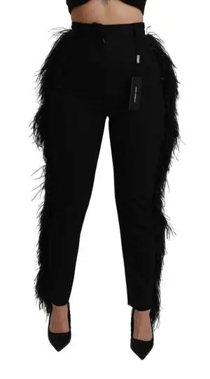 Dolce & Gabbana Feather Straight High Waist Wool Pants