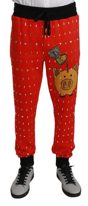 Dolce & Gabbana Piggy Bank Cotton Crystal Trousers Pants - Red