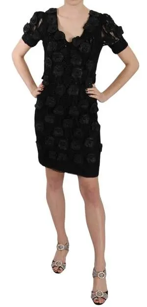 John Richmond Silk Leather Flowers Sheath Dress
