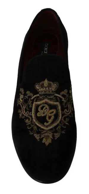 Dolce & Gabbana Velvet Loafers With Gold Crown Embroidery