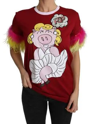 Dolce & Gabbana Pig Print Feather Sleeves T-shirt Top