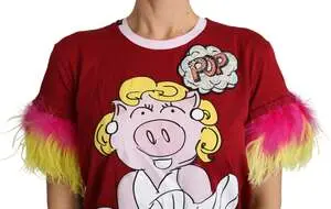 Dolce & Gabbana Pig Print Feather Sleeves T-shirt Top