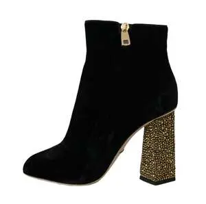 Dolce & Gabbana Velvet Crystal Square Heel Boots