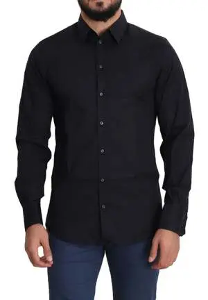 Dolce & Gabbana Blue Cotton Formal Gold Dress Shirt