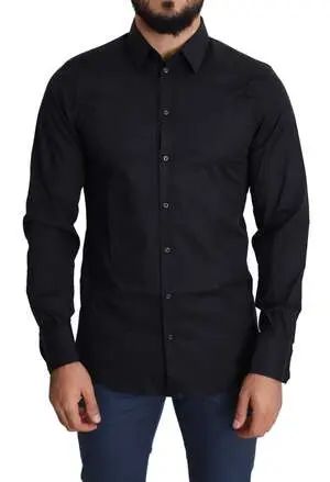 Dolce & Gabbana Blue Cotton Formal Gold Dress Shirt
