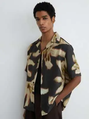 REISS Springs Graphic Floral-print Short-sleeve Shirt - Black
