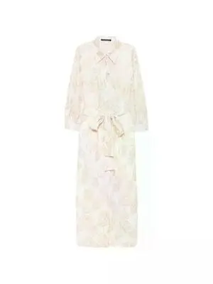 LUISA CERANO Leaf-embroidered Belted Midi Dress - Neutrals