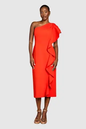 Coast One Shoulder Pencil Midi Dress - Flame Red