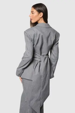 Coast Muse Check Tie Front Embellished Blazer - Grey