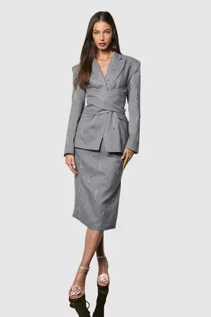 Coast Muse Check Tie Front Embellished Blazer - Grey