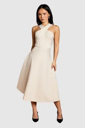 Coast Petite Bandage Cross Neck Midi Dress - Stone