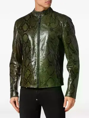 Philipp Plein Python Leather Biker Jacket - Green