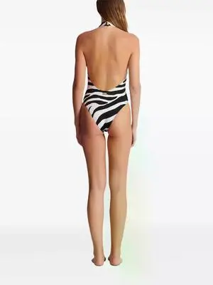 Balmain Zebra-print Halterneck Swimsuit - White