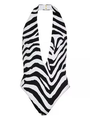 Balmain Zebra-Print Halterneck Swimsuit White