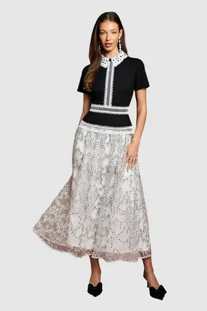 Coast Embroidered Mesh Skirt Midaxi Dress - Mono