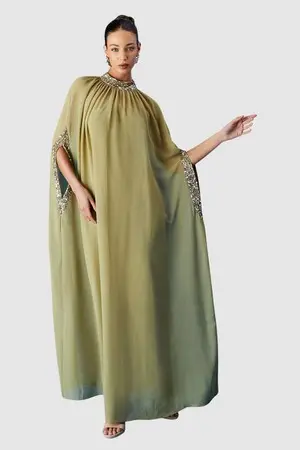Coast Muse Chiffon Cape Dress With Embellished High Neckline - Chartreuse