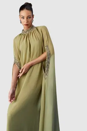 Coast Muse Chiffon Cape Dress With Embellished High Neckline - Chartreuse
