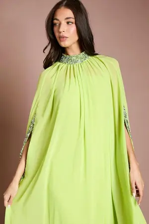 Coast Muse Chiffon Cape Dress With Embellished High Neckline