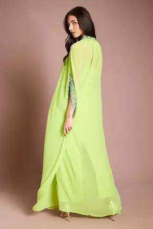Coast Muse Chiffon Cape Dress With Embellished High Neckline