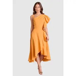 Coast One-shoulder Crepe Ruffle Midi Dress - Orange