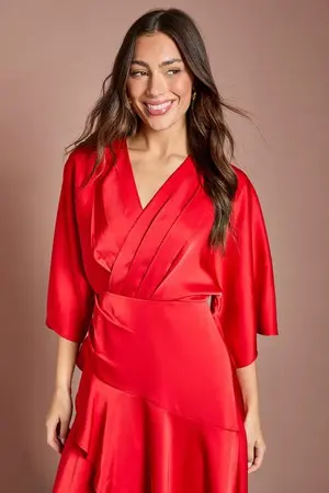Coast Satin Back Crepe Ruffle Wrap Midi Dress - Flame Red