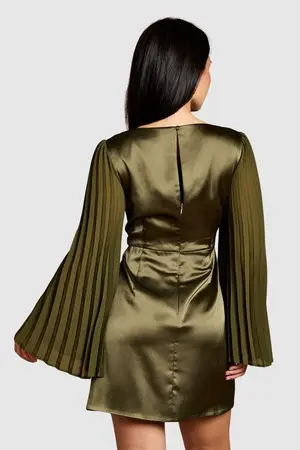 Coast Petite Satin Pleated Flare Sleeve Wrap Mini Dress