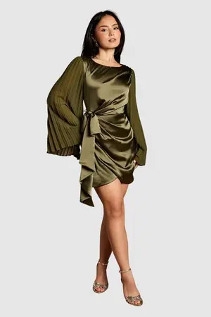 Coast Petite Satin Pleated Flare Sleeve Wrap Mini Dress